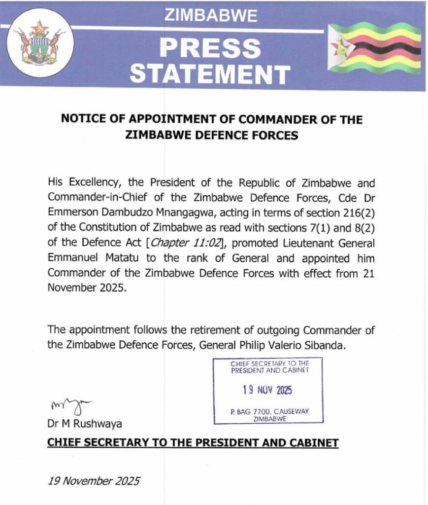 PRESIDENT MNANGAGWA APPOINTS NEW COMMANDERS OF THE ZIMBABWE DEFENCE ...